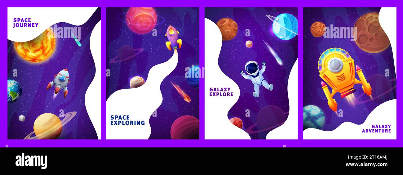 Galaxy posters. Cartoon space landscape and spaceship. Company promo ...