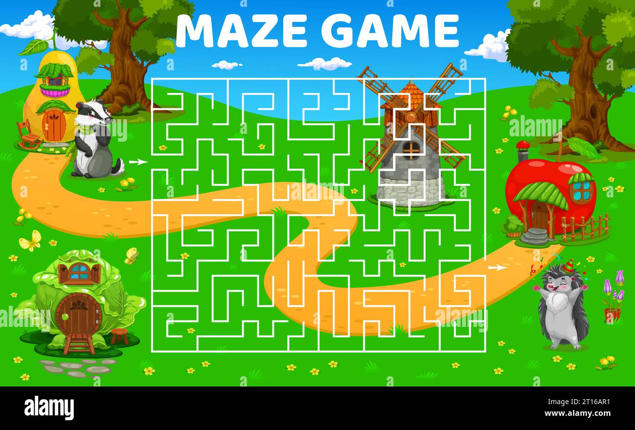 Labyrinth maze game with fairytale cartoon buildings and animals. Kids ...