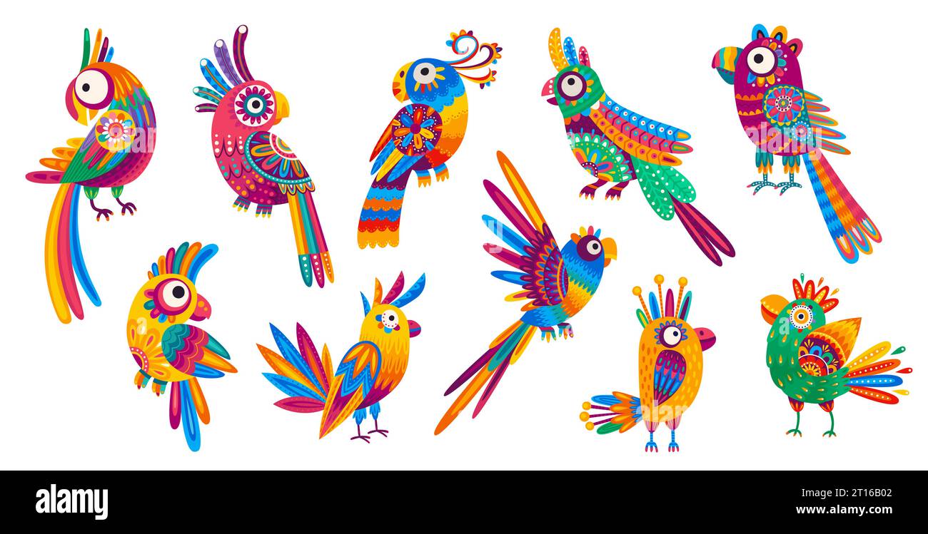 Cartoon Mexican and Brazilian parrot characters, kids funny birds with ...
