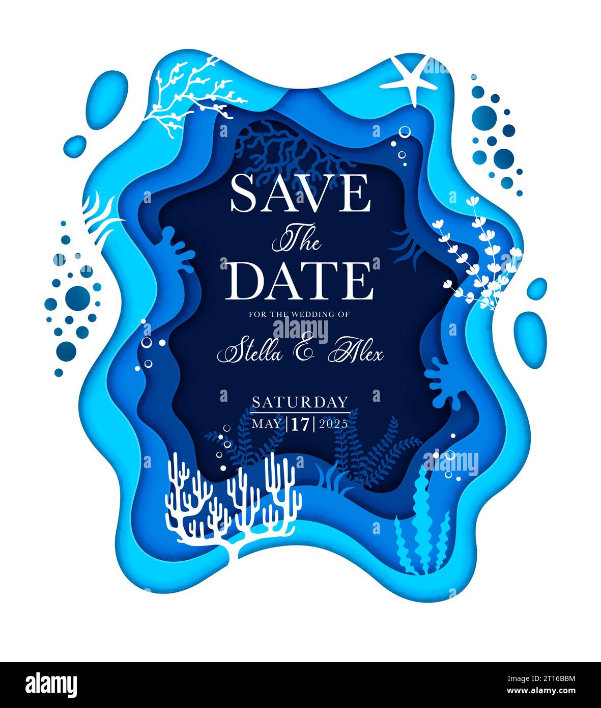 Wedding invitation with sea paper cut seaweeds landscape, vector ocean ...