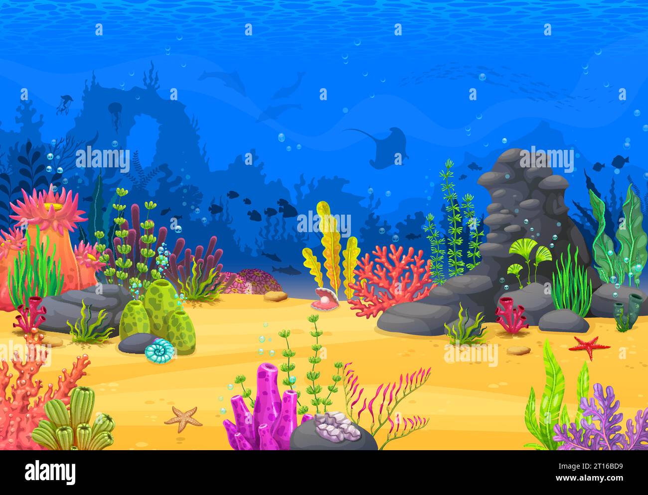 Cartoon underwater landscape, arcade game level vector background with ...