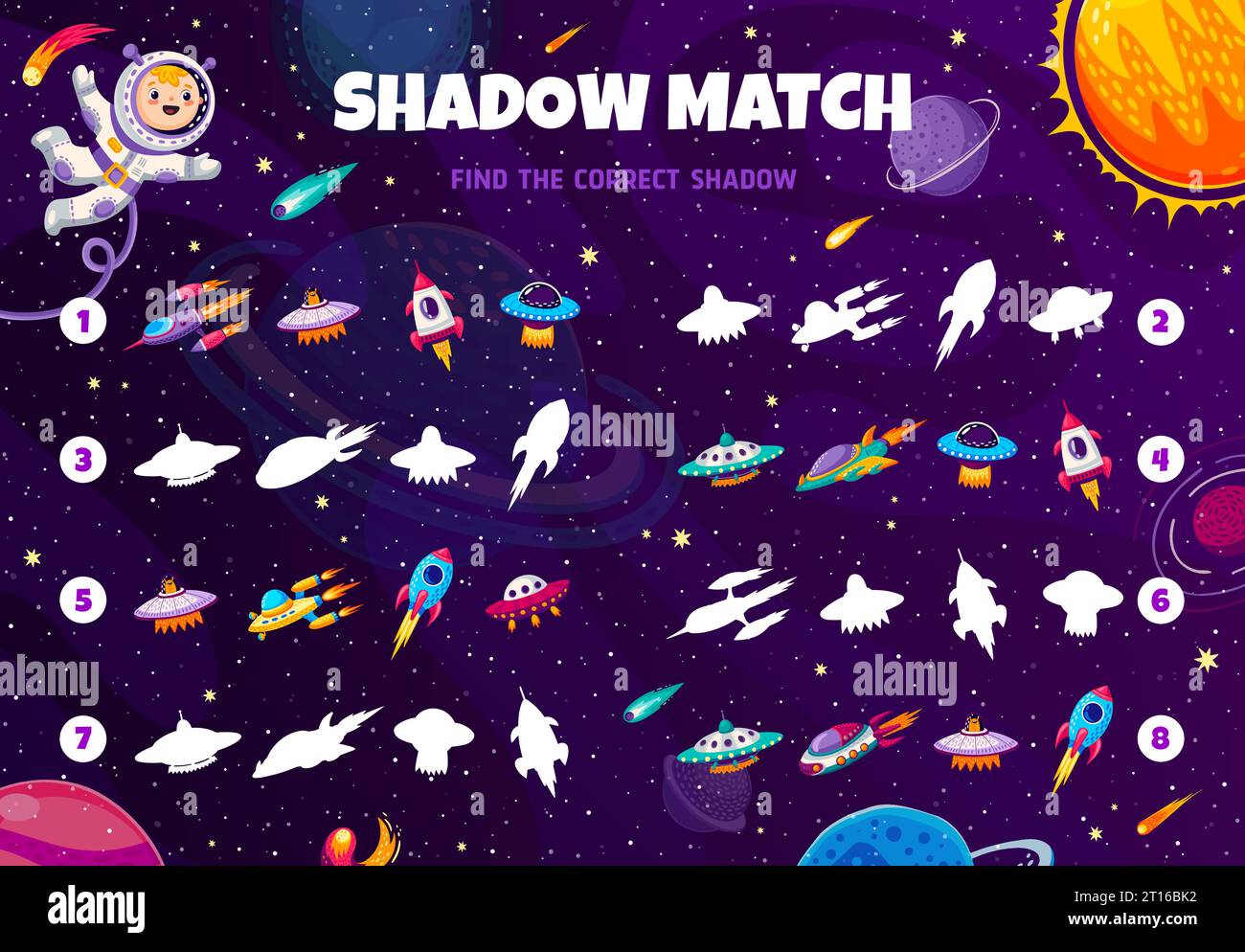 Shadow match game. Find the shadow of rocket, ufo and spaceships ...