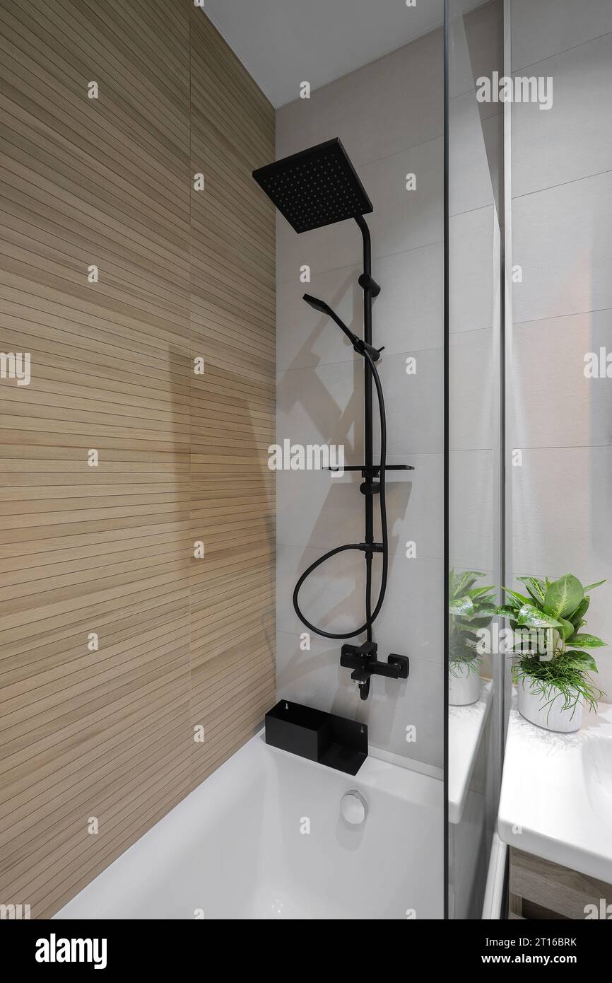 Black shower system in the modern shower room interior Stock Photo - Alamy