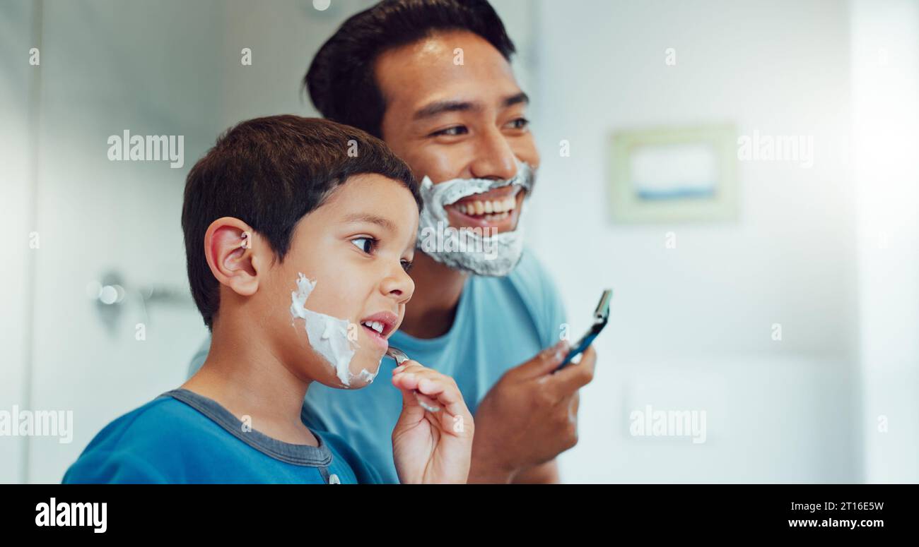 Dad, boy and learning to shave in bathroom with facial cream, skincare ...