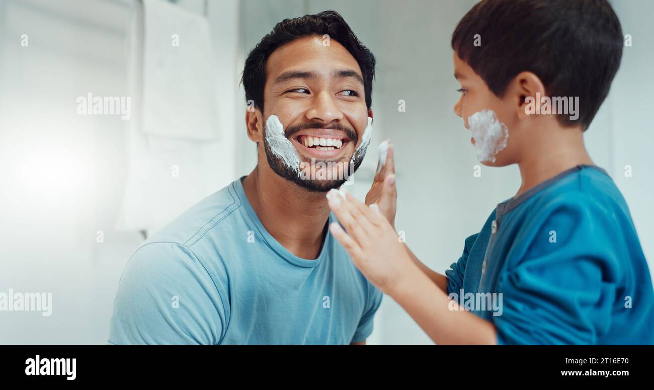 Shaving, bathroom and father teaching child about grooming, playing ...