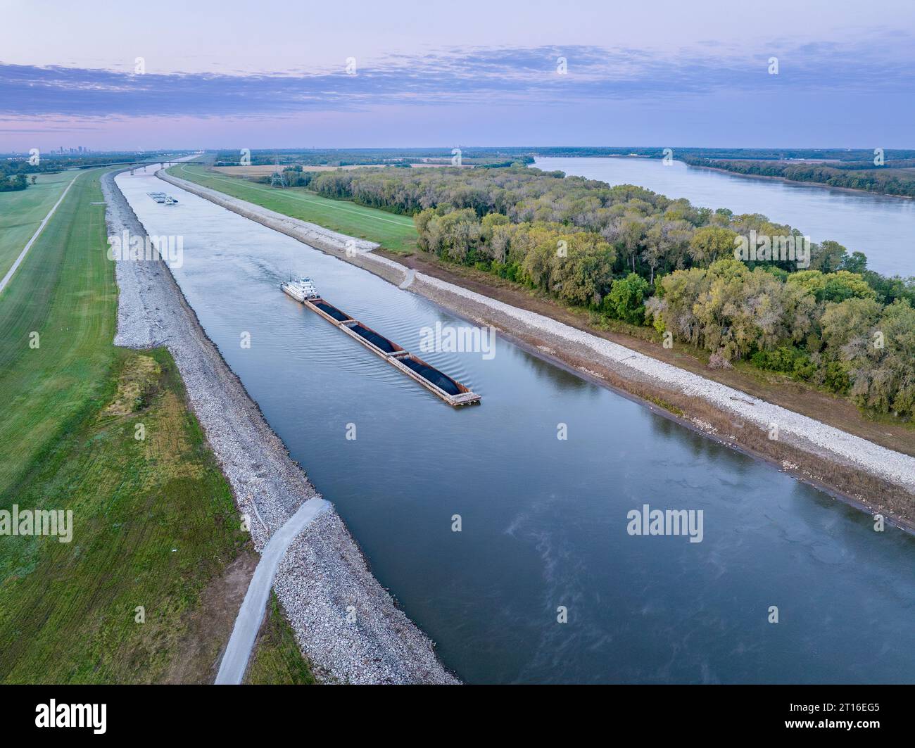 towboats with barges on Chain of Rock Canal of Mississippi River above ...