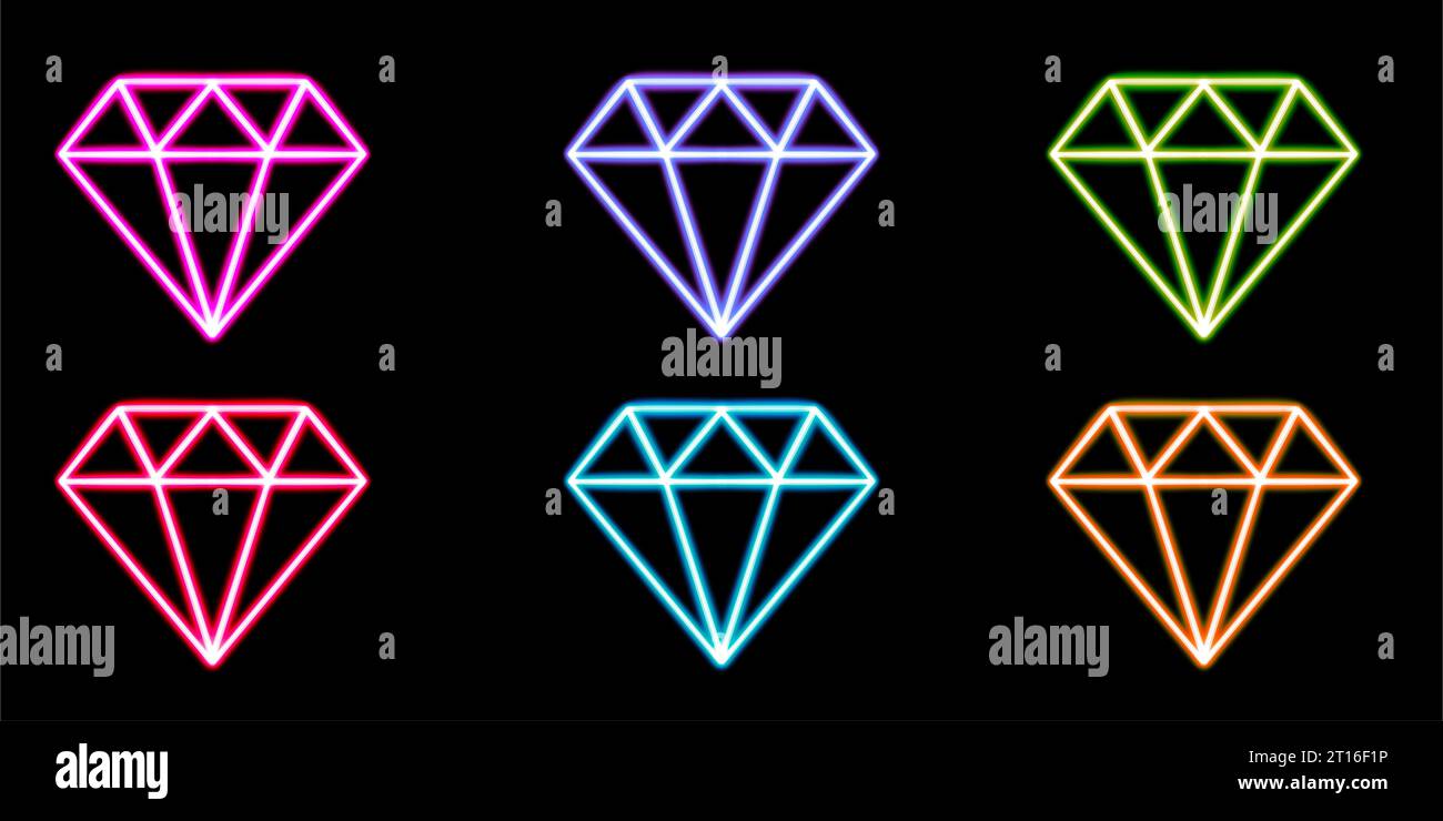 set neon brilliant diamond symbol glowing desktop icon, neon sticker ...