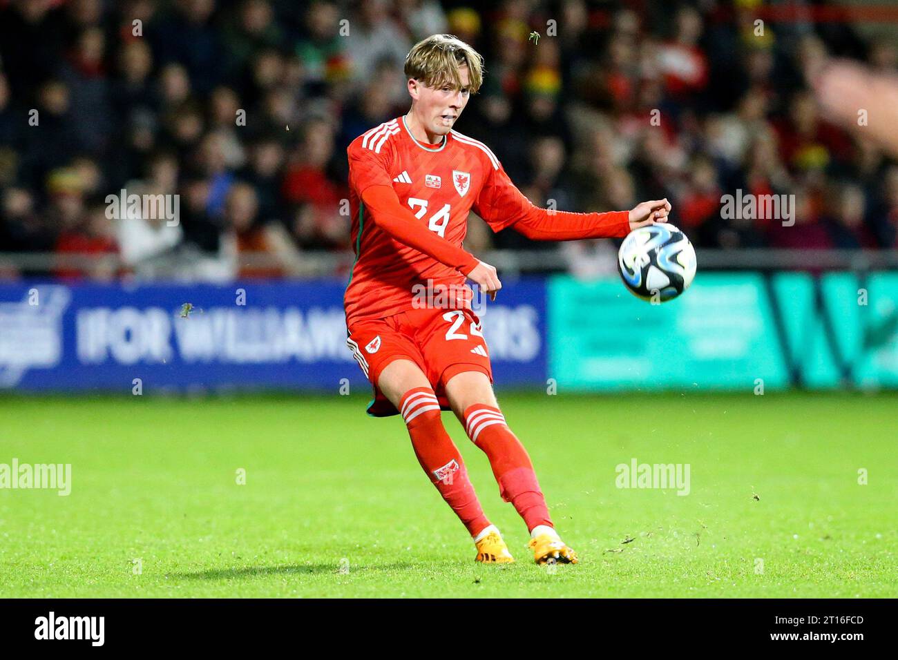 Wrexham, UK. 11th Oct, 2023. Charlie Savage of Wales in action ...