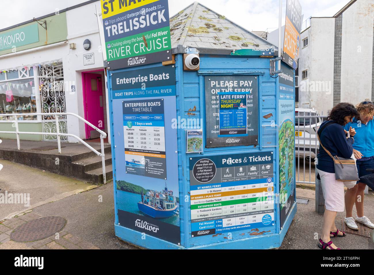 September 2023, Falmouth Pier Cornwall, ticket booths offering ferry ...