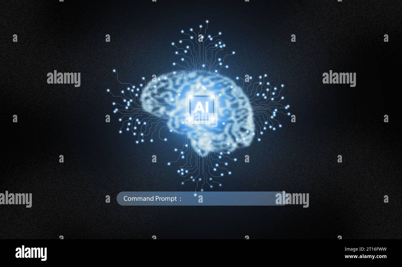 Ai technology. Glowing particles form a virtual graphic shape of brain ...