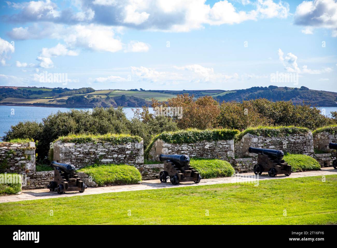 Pendennis Castle and fort, cannons guns on timber carriages line the ...