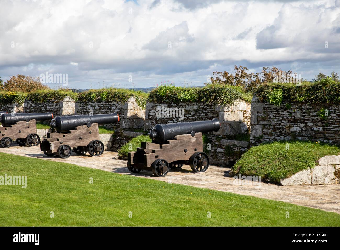 Pendennis Castle and fort, cannons guns on timber carriages line the ...