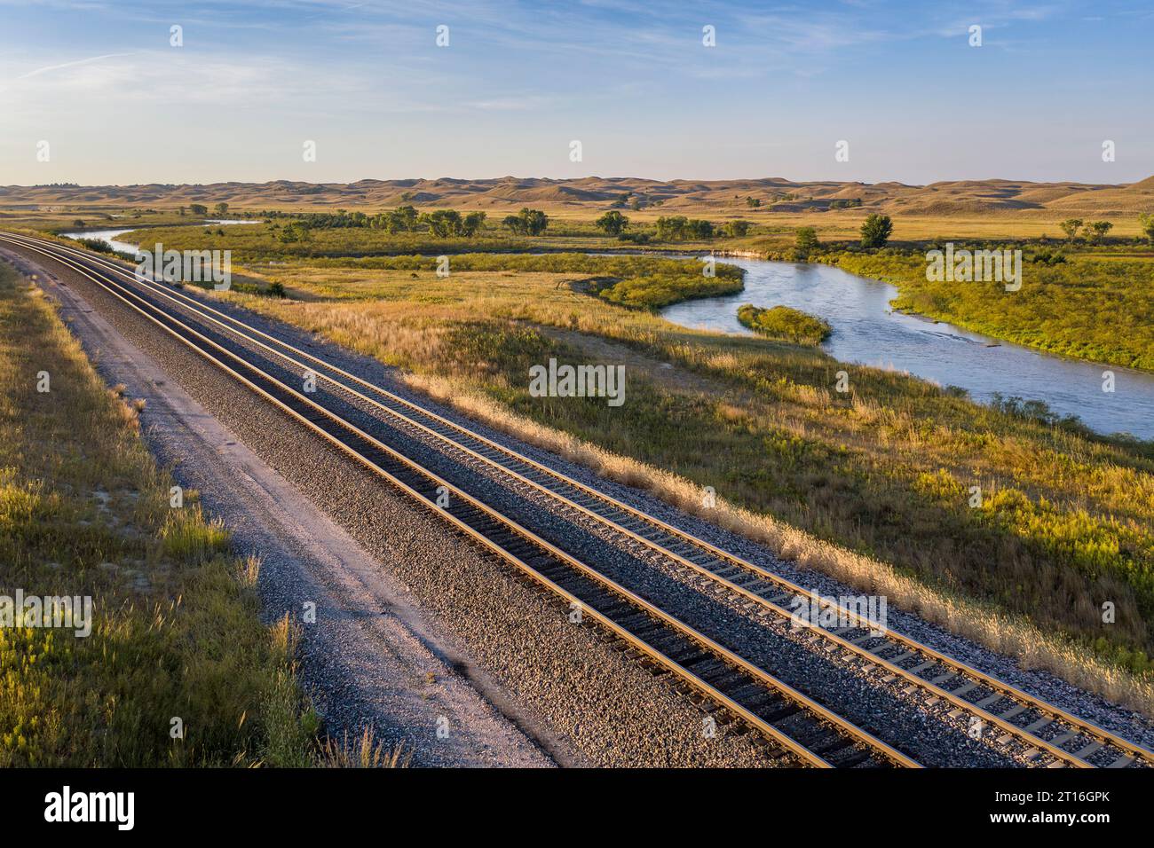 highway and railroad across Nebraska Sandhills along the Middle Loup ...