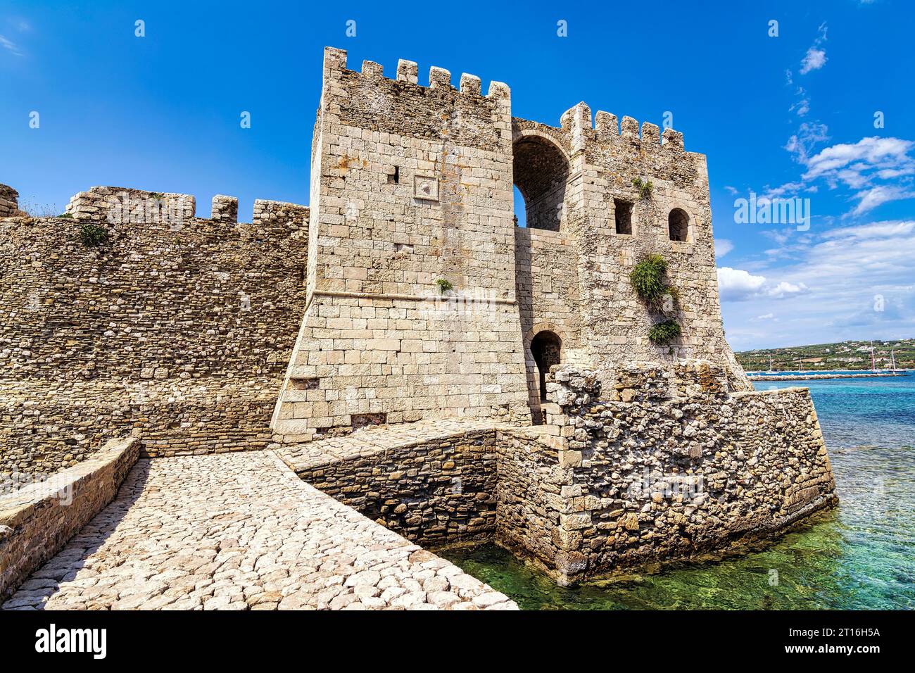 View of the Venetian fort castle at Methoni. The Castle of Methoni is a ...