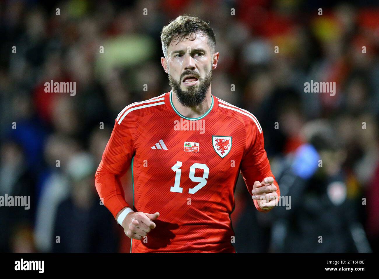Wrexham, UK. 11th Oct, 2023. Tom Bradshaw of Wales looks on. International football friendly ...