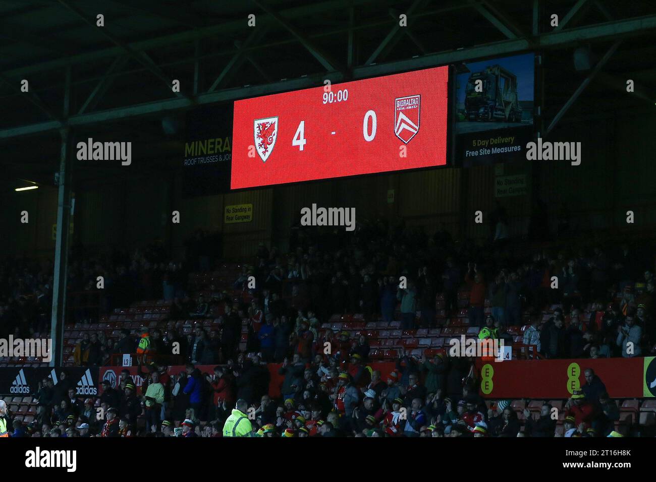 Wrexham, UK. 11th Oct, 2023. The scoreboard at the end of the game ...