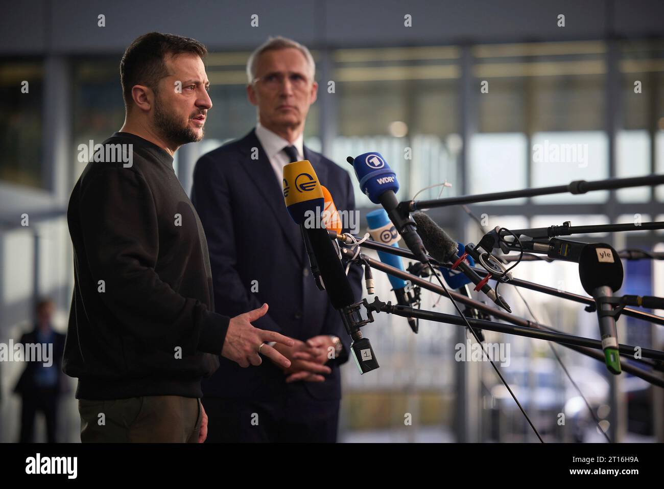 Brussels, Belgium. 11th Oct, 2023. Ukrainian President Volodymyr Zelenskyy responds to a ...