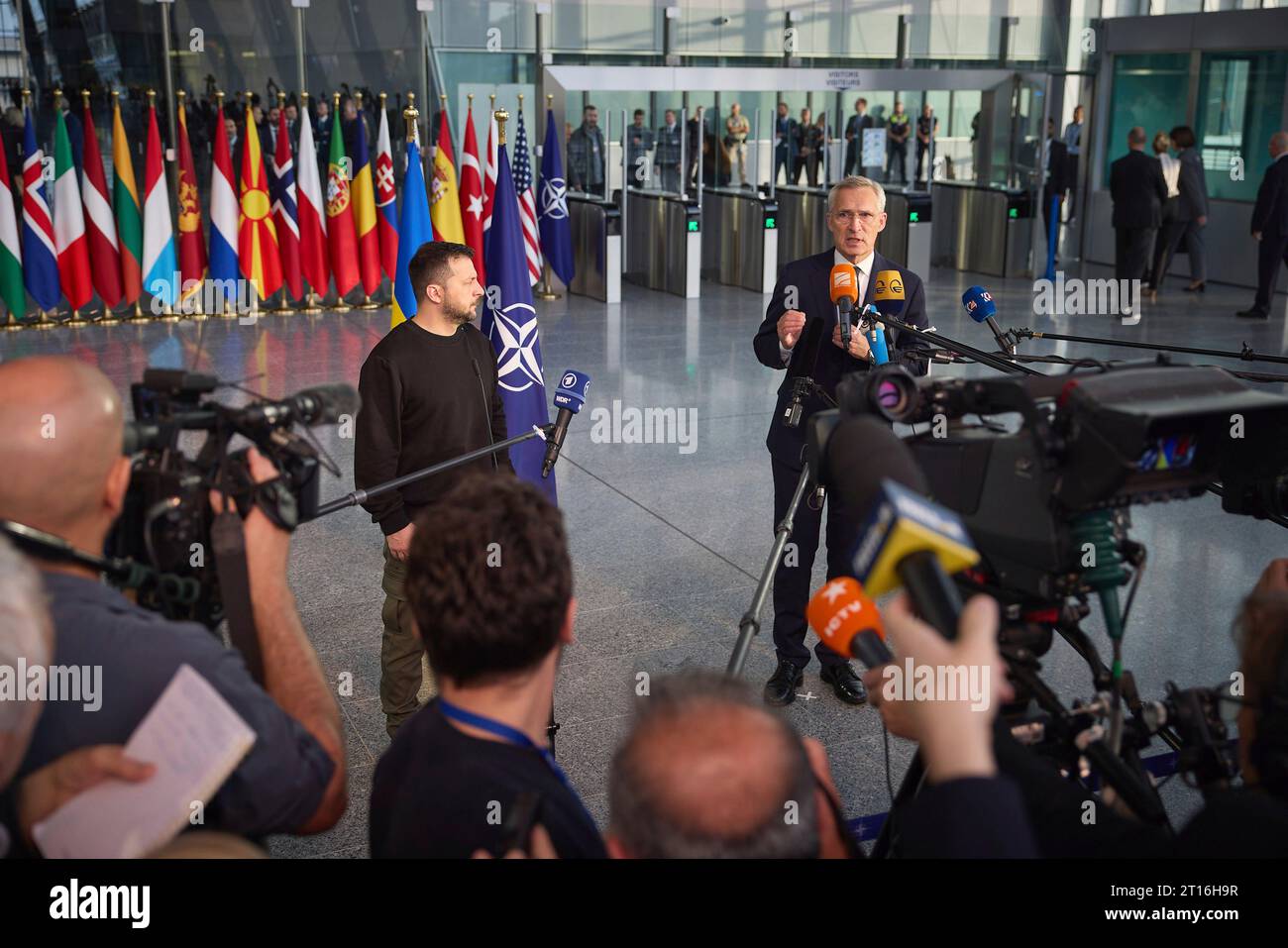 Brussels, Belgium. 11th Oct, 2023. NATO Secretary General Jens Stoltenberg, right, responds to a ...