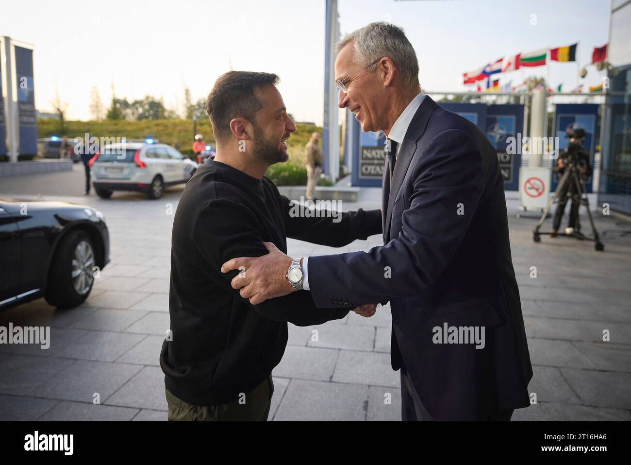 Brussels, Belgium. 11th Oct, 2023. NATO Secretary General Jens Stoltenberg, right, welcomes ...