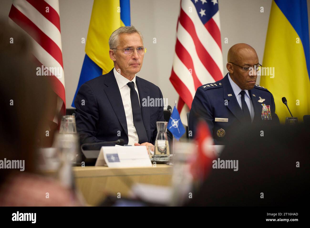 Brussels, Belgium. 11th Oct, 2023. NATO Secretary General Jens Stoltenberg, left, and U.S ...
