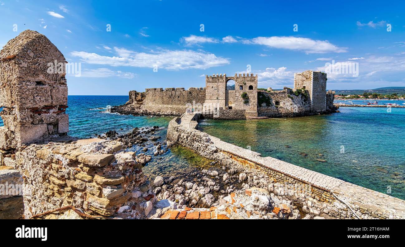View of the Venetian fort castle at Methoni. The Castle of Methoni is a ...