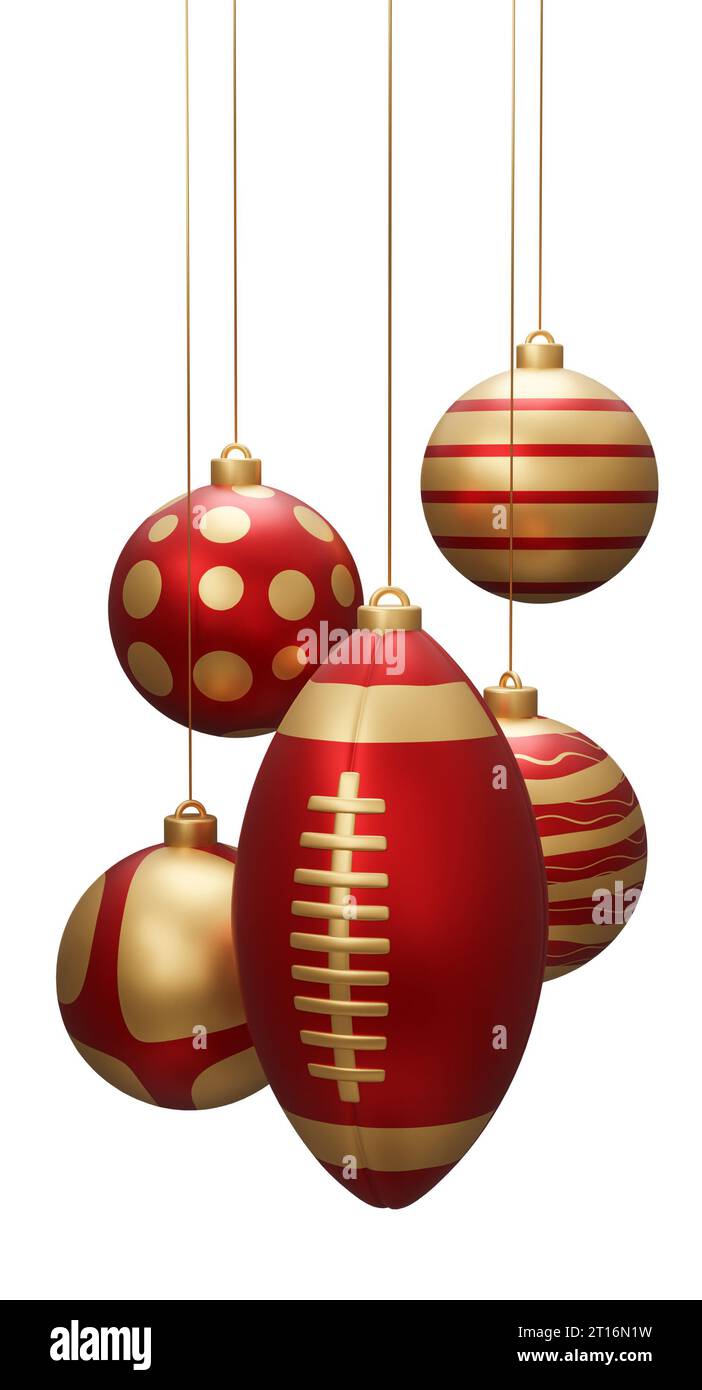 Red and Gold rugby Hanging Christmas Balls. 3d render illustration ...