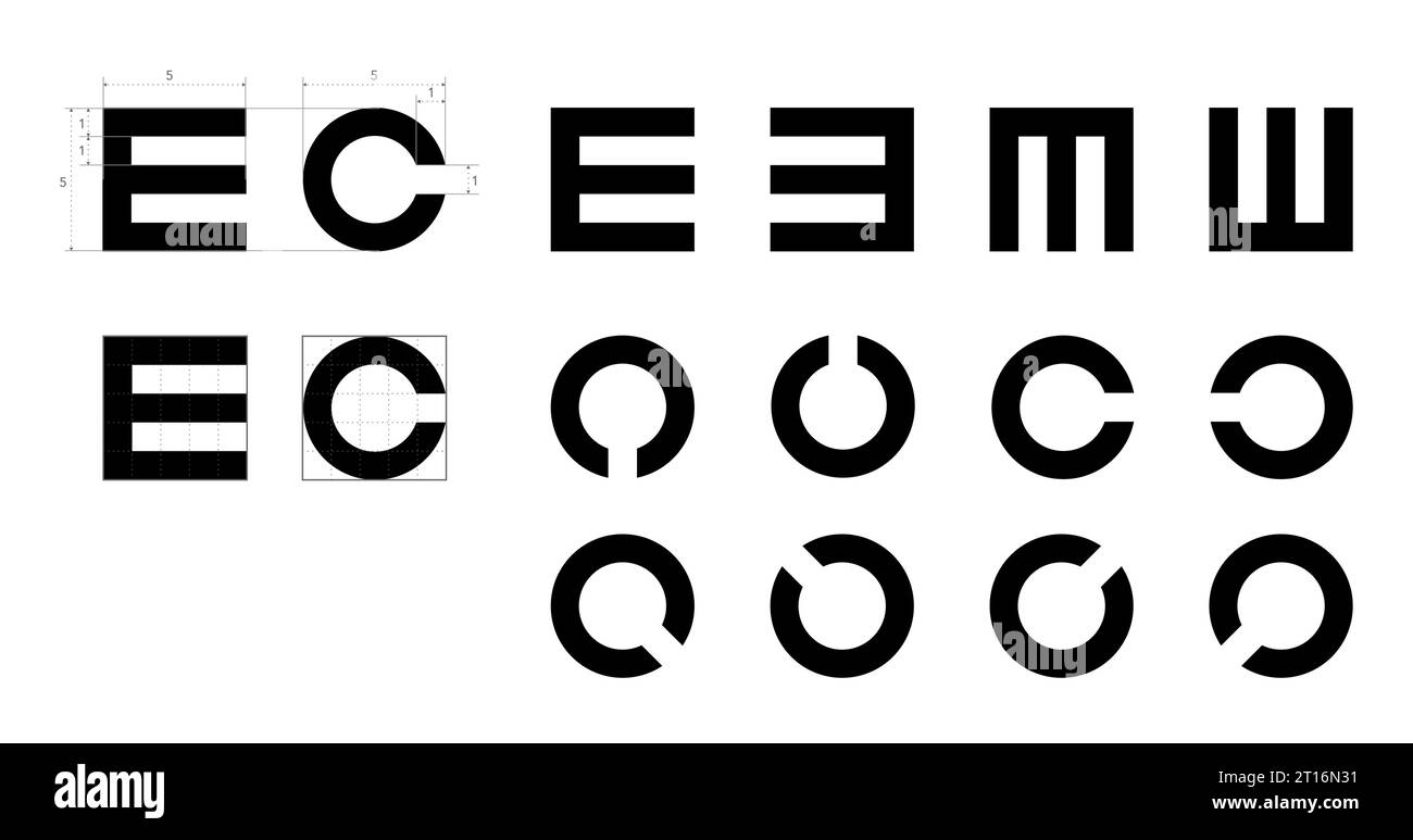 Snellen E and the Landolt C symbols Eye Test Chart medical illustration ...