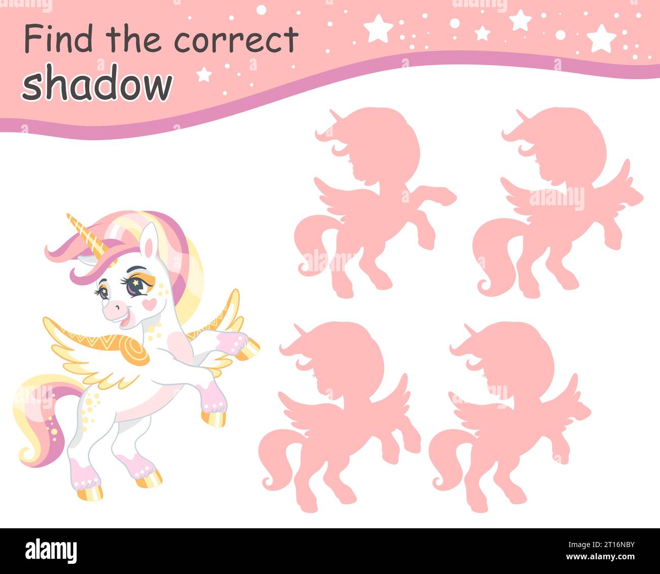 Find the correct shadow. Cute cartoon romantic unicorn. Educational ...