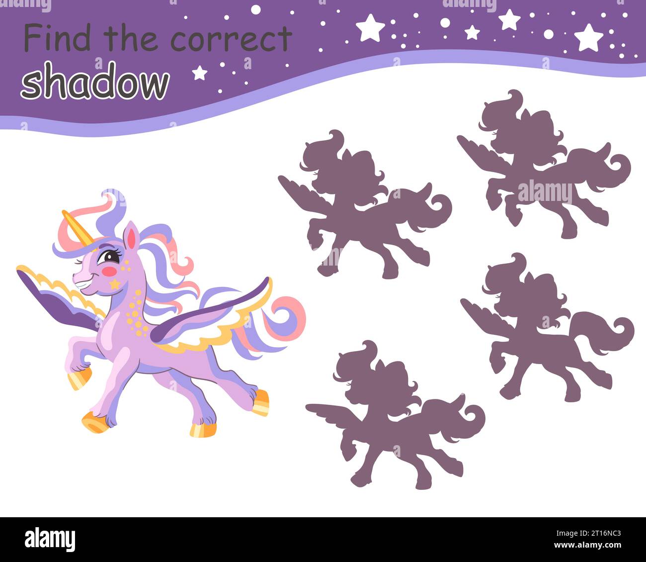 Find the correct shadow. Cute cartoon purple powerful unicorn ...