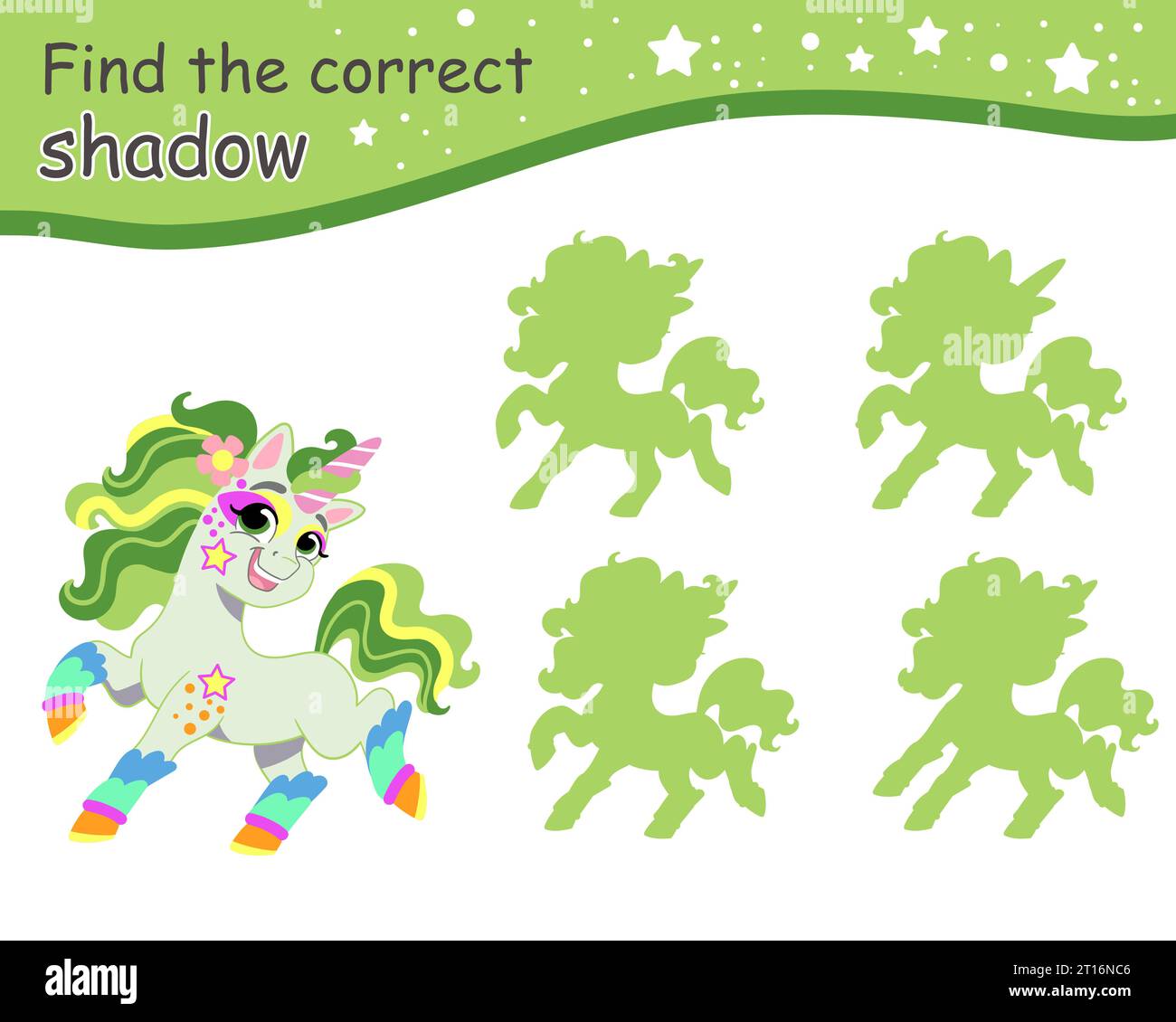 Find the correct shadow. Cute cartoon green joyful unicorn. Educational ...
