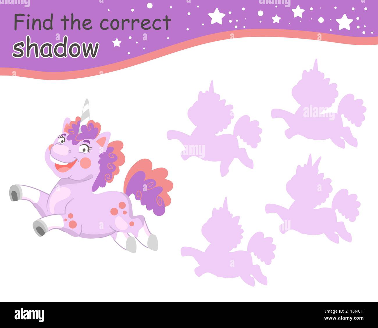Find the correct shadow. Cute cartoon purple bodypositive unicorn ...