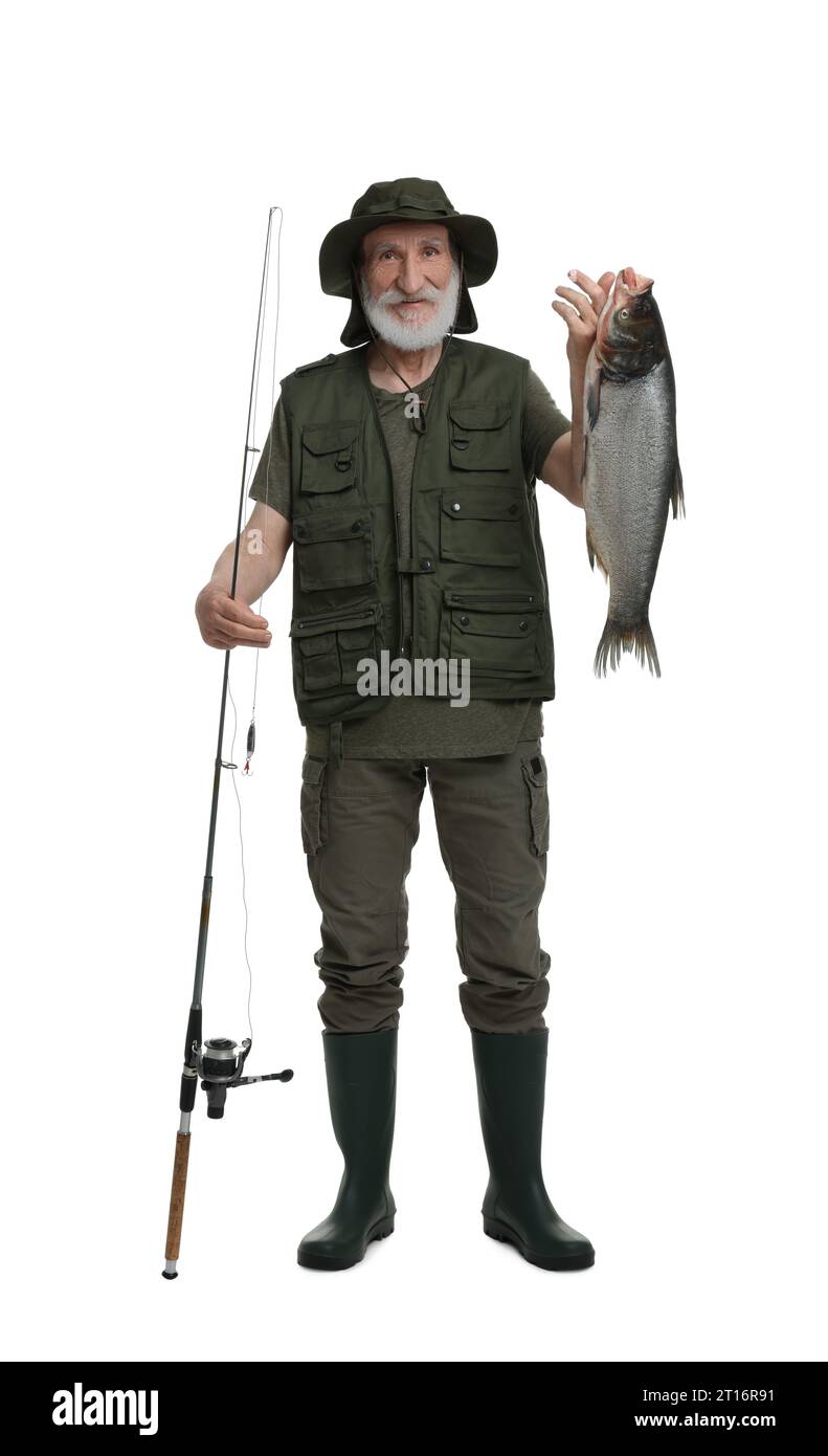 Fisherman with rod and catch isolated on white Stock Photo - Alamy