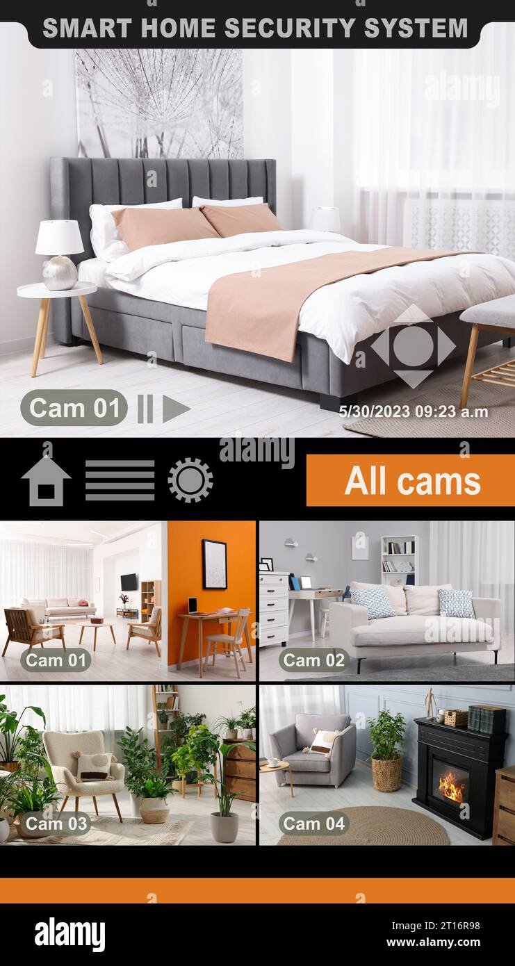 Smart home security system. Different rooms, view from cameras in house ...