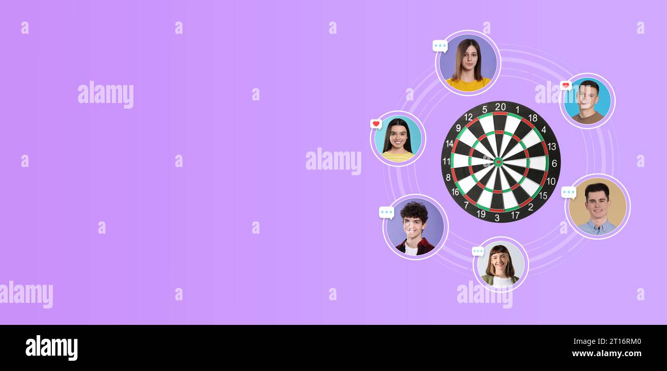 Target audience. Dartboard surrounded by photos of potential clients ...