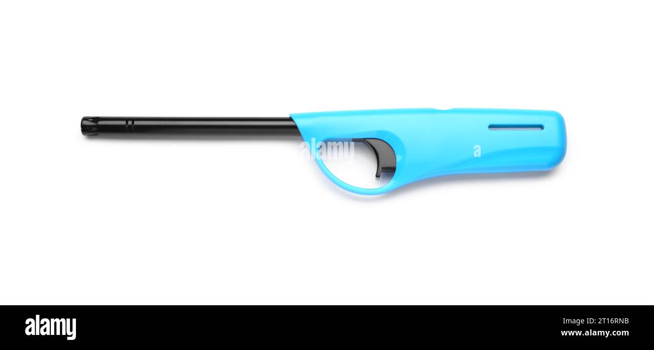 Blue gas lighter for stove isolated on white, top view Stock Photo - Alamy