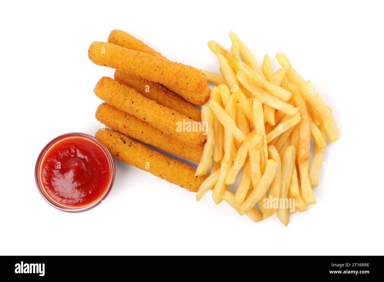 Tasty cheese sticks, french fries and ketchup on white background, top ...