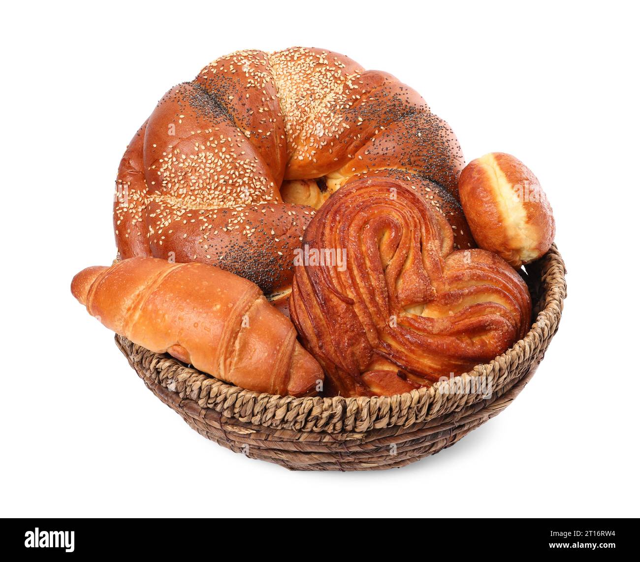 Different tasty pastries in wicker basket isolated on white Stock Photo ...
