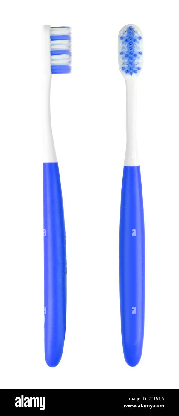 Collage with blue toothbrush isolated on white, different sides Stock ...