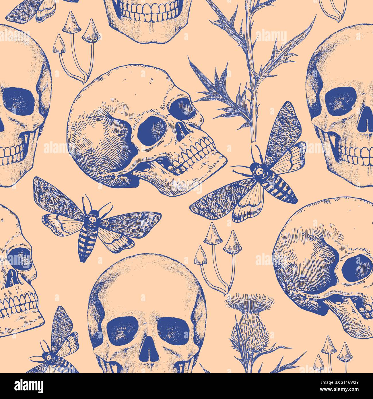 Halloween black and white seamless pattern with realistic human skull ...