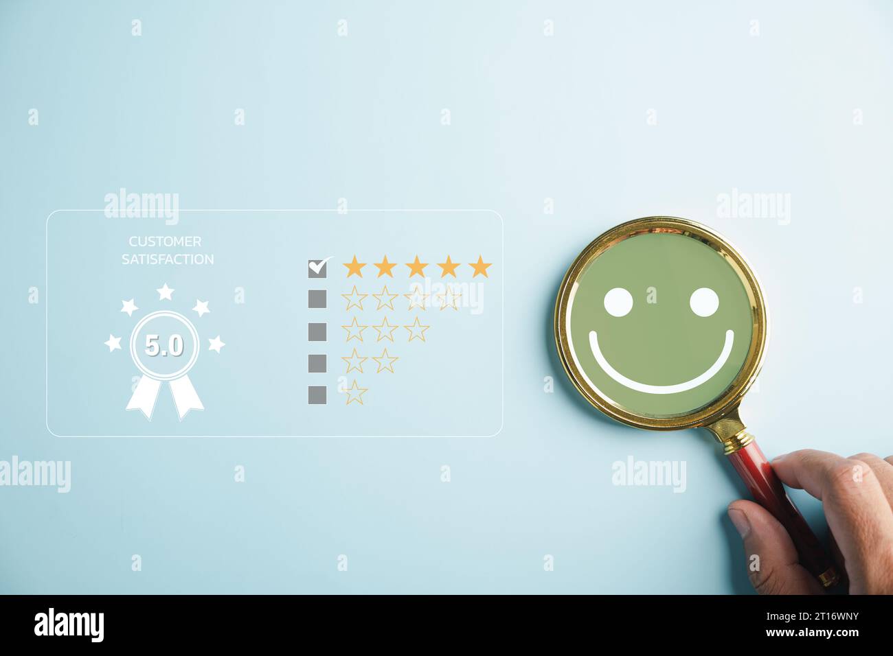 Magnifier in hand focuses on selected happy smiley face icon Stock ...