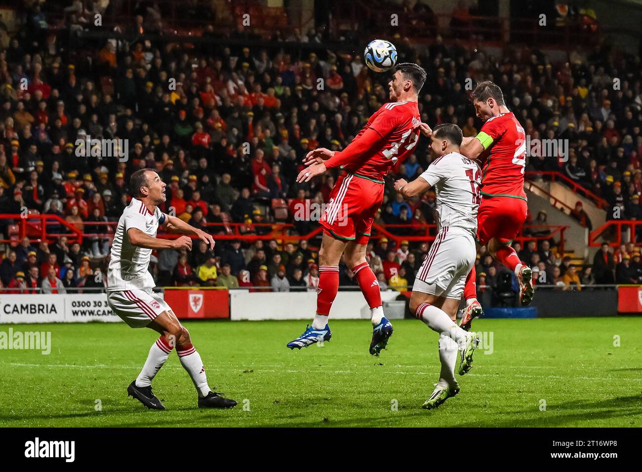 Kieffer Moore of Wales heads on goal during the International Friendly ...