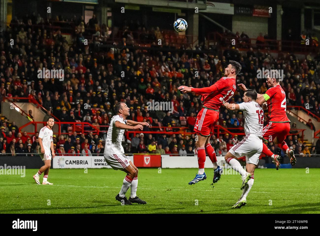 Kieffer Moore of Wales heads on goal during the International Friendly ...