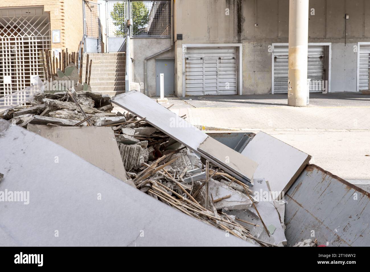 waste wood, plasterboard partitions and brick from a home renovation ...