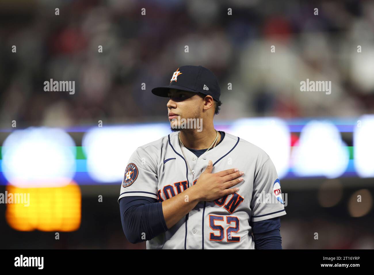 Houston Astros relief pitcher Bryan Abreu walks off the mound after the ...