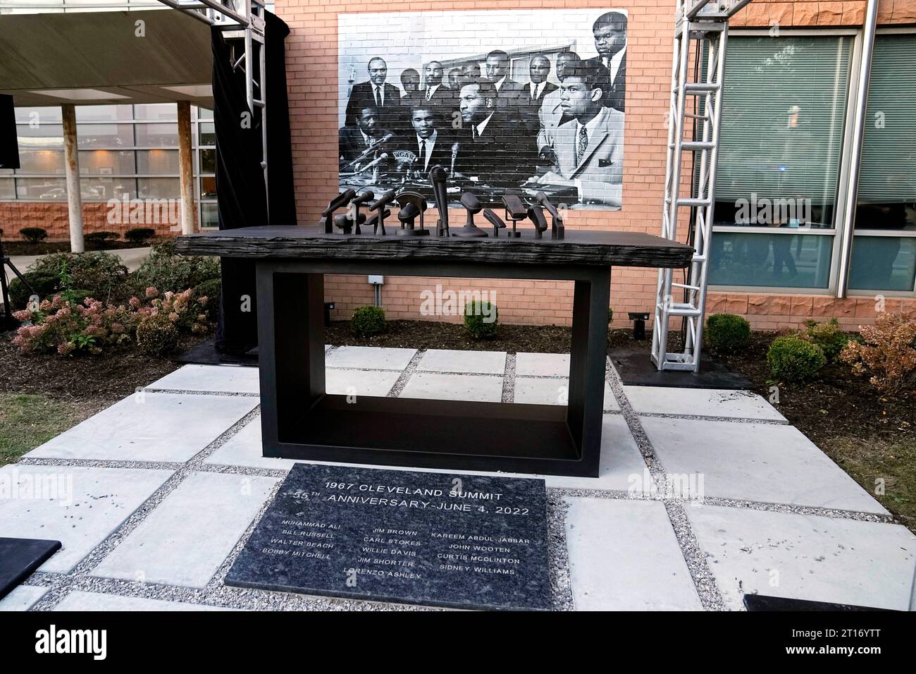 A sculpture commemorating the 1967 Cleveland summit with Muhammad Ali ...