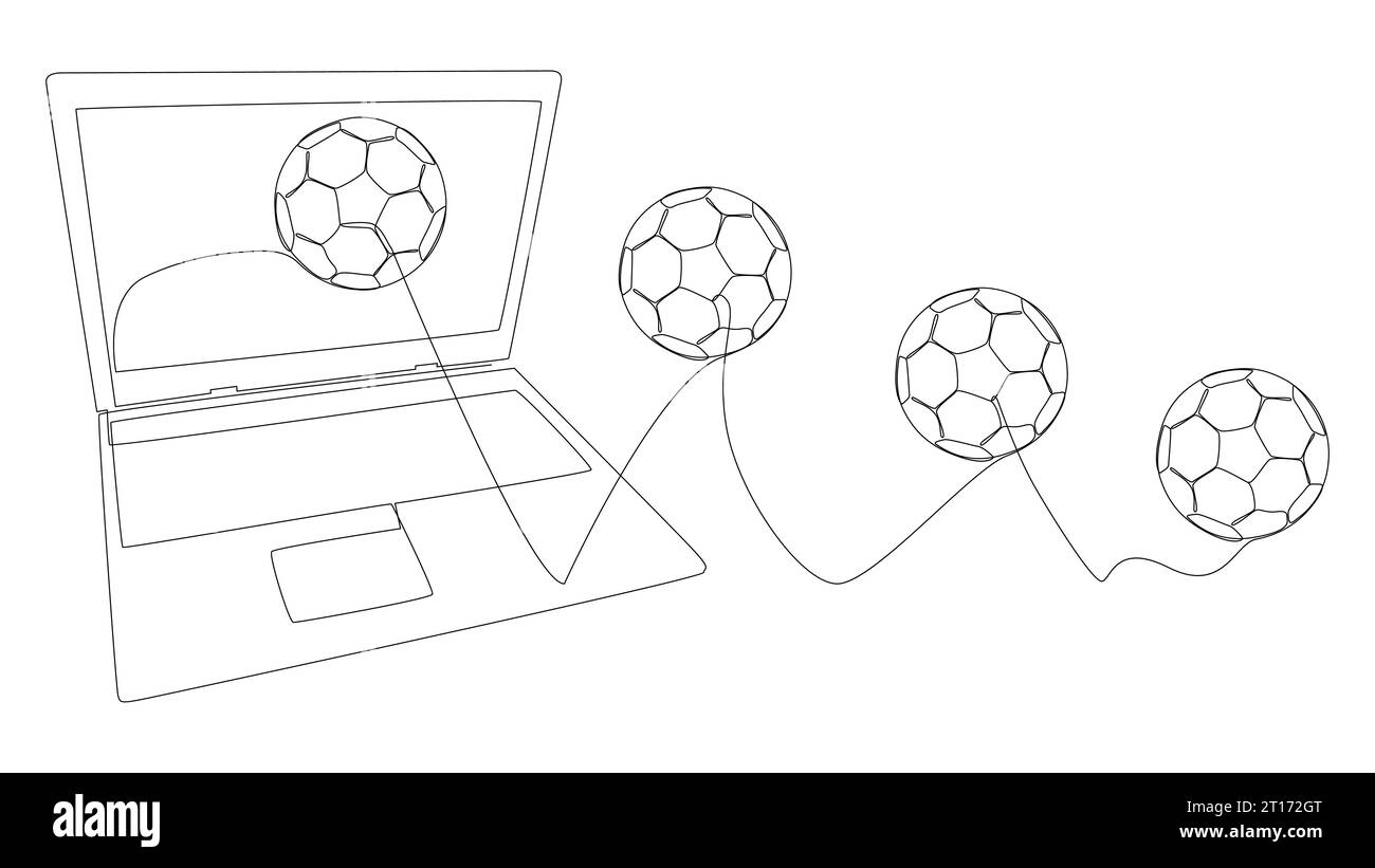 One continuous line of Laptop with football ball. Thin Line ...