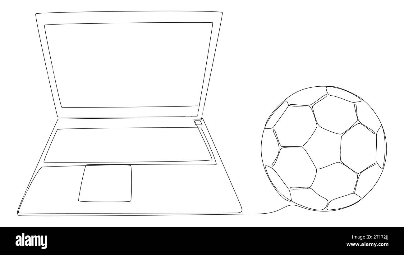 One continuous line of Laptop with football ball. Thin Line ...