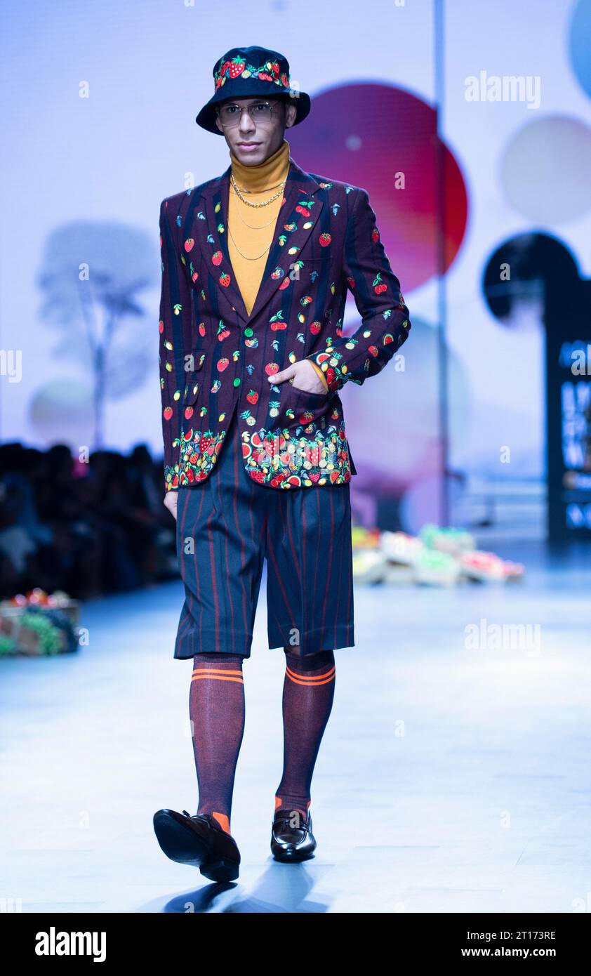 New Delhi, India. 11th Oct, 2023. A model displays a creation of Indian ...