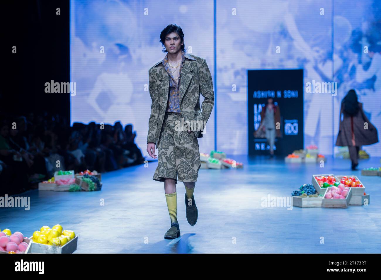 New Delhi, India. 11th Oct, 2023. A model displays a creation of Indian ...