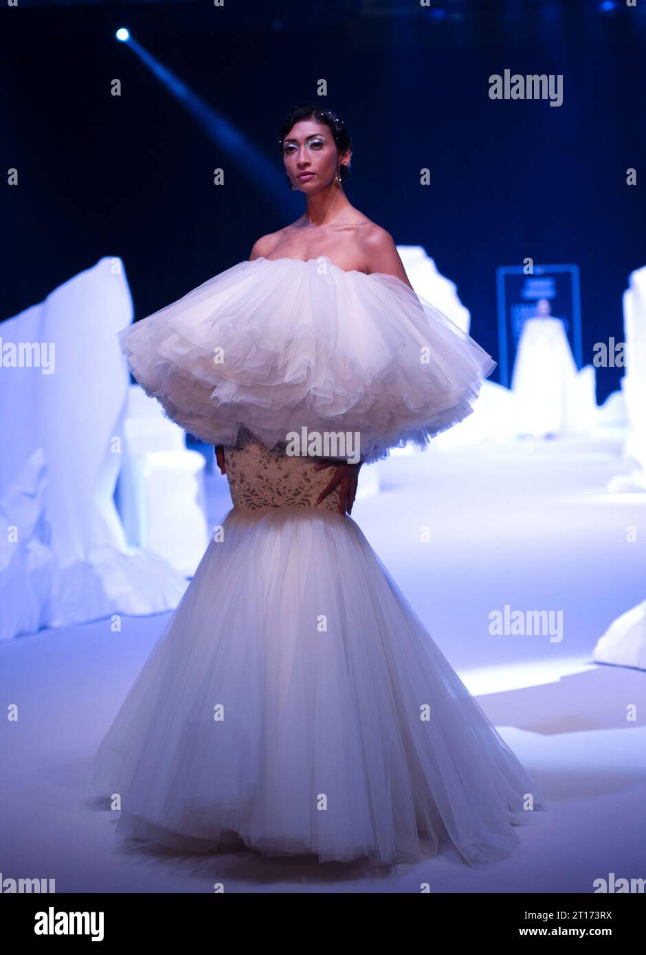 New Delhi, India. 11th Oct, 2023. A model displays a creation of Indian ...